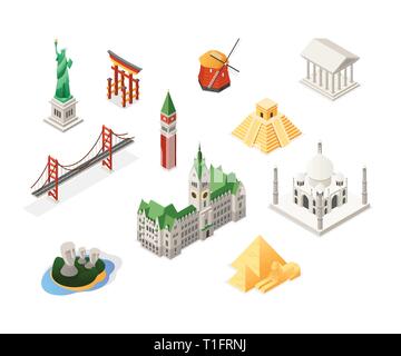 Colorful world landmarks isolated on transparent background, vector ...