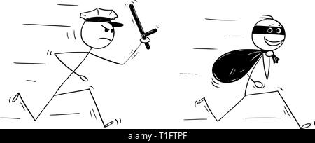 Cartoon police chasing man, vector illustration. Colored and black ...