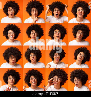 Young african man, different emotions collage over pink background ...