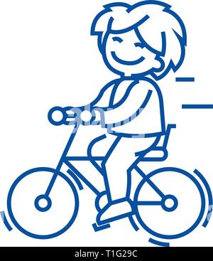 Child riding a bike line icon, vector. Child riding a bike outline sign ...