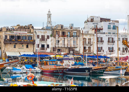 KYRENIA, CYPRUS - JANUARY 19, 2015: Winter view of Kyrenia old harbour ...