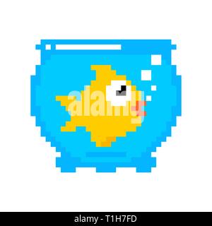 8 bit pixel golden fish. Animal for game assets and cross stitch patterns in vector ...