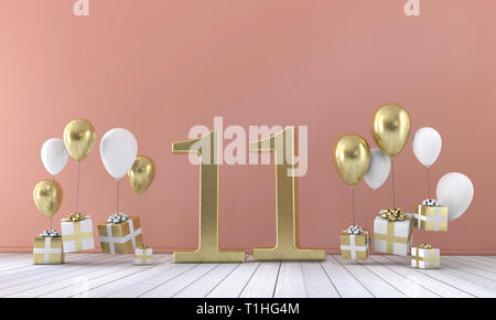 Happy 11th birthday party composition with balloons and presents. 3D ...