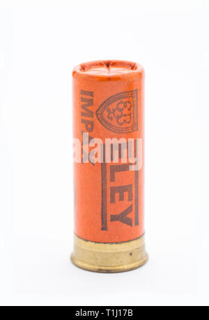 An Eley paper case 12 bore, or gauge, Olympic Gold shotgun cartridge ...