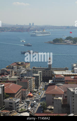 Aerial top view of the Bosporus strait entrance from the Black Sea side ...