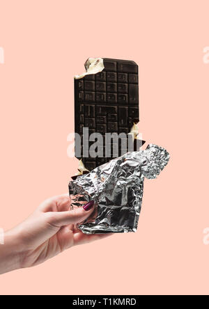 Contemporary art collage. Female hand over bright pink background with ...