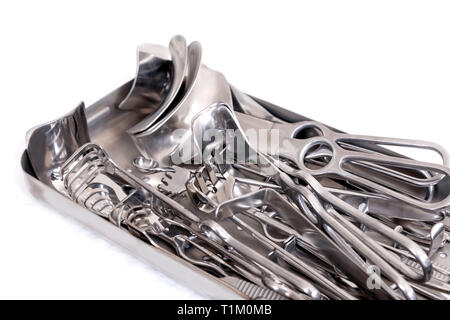 Gynecological sterile tools. A lot of instruments of gynecologist on ...