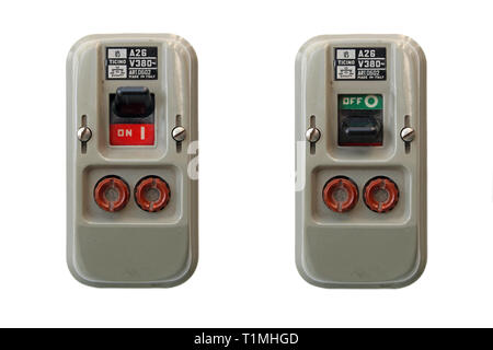 Vintage safety off switch with fuses, isolated on white background ...