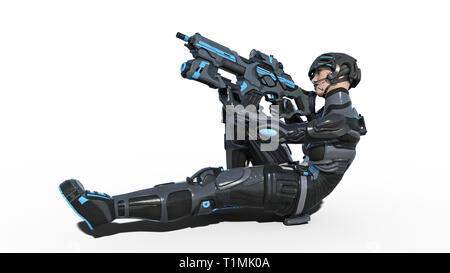 Android female soldier, military cyborg woman armed with rifle on white ...