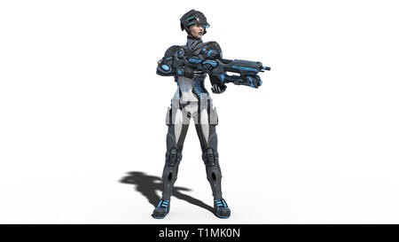 Android female soldier, military cyborg woman armed with rifle shooting ...