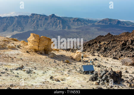 Detail of volcanic activity monitoring station on slopes of volcano ...