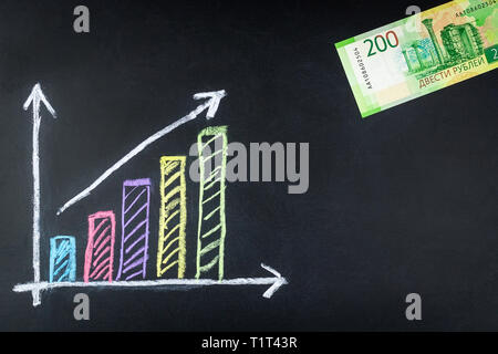 The ruble growth chart is drawn on a black chalkboard, happy woman is ...