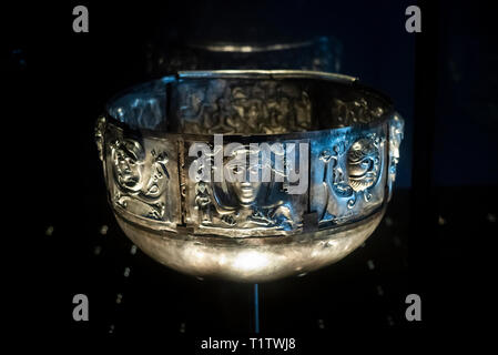Copenhagen. Denmark. The Gundestrup cauldron, richly decorated silver ...