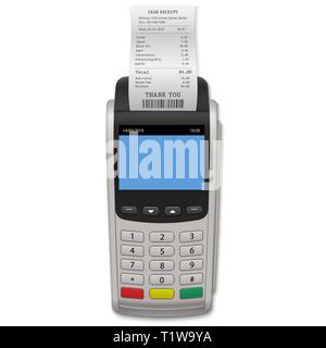 Realistic 3d pos machine top view, credit cards and receipt. Cashless payment terminal. Card ...