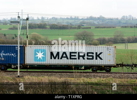 Maersk Line shipping containers on an ocean freight ship in the port of ...