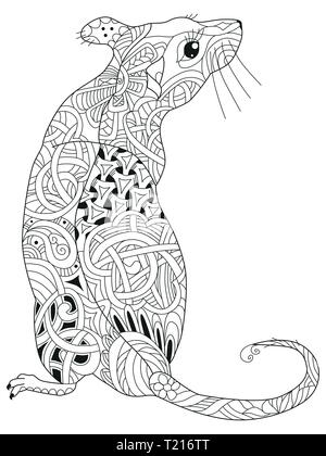 Hand drawn zentangle rat for coloring book. Vector, black and white ...