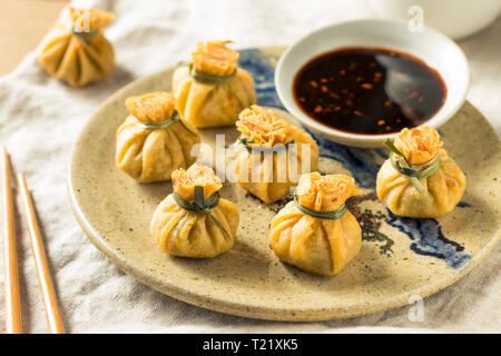 Homemade Deep Fried Shrimp Purse Dumplings with Soy Sauce Stock Photo ...