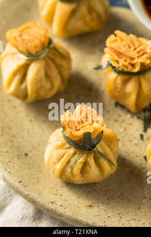 Homemade Deep Fried Shrimp Purse Dumplings with Soy Sauce Stock Photo ...