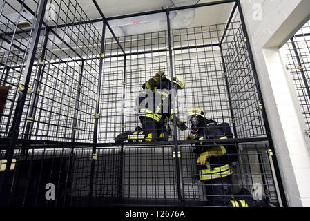 Two firefighters with respirator and air tank exercising on treadmill ...