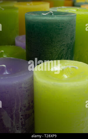 Many colorful unlit candles close up, decorative background Stock Photo ...