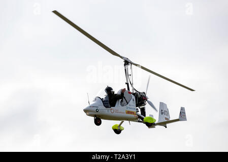 James Ketchell in his open cockpit gyrocopter at Popham Airfield in ...