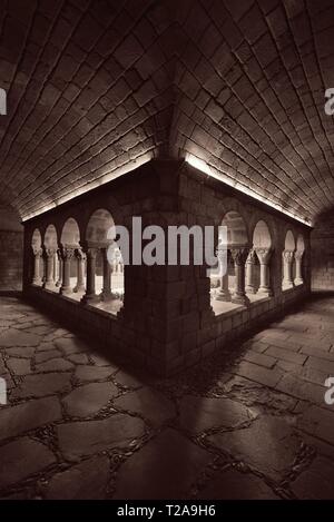 Hallway in Romanesque monastery in village in Pueblo Espanol Barcelona ...
