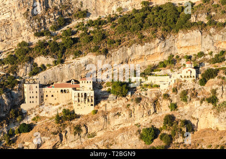 Christian Orthodox monastery Our Lady of Hamatoura built in a rocky ...