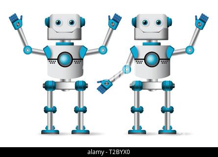 Robot presentation characters vector set. Robotic chat bot character with presenting and showing ...