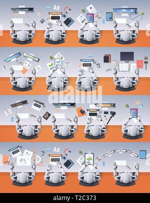 modern robots working in data center room hosting server computer monitoring information ...