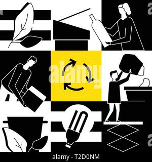 Waste recycling and sorting black and white collection. Vector ...