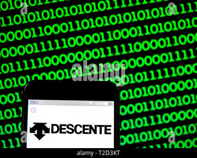 The logo of Descente Ltd. is seen in Shibuya Ward, Tokyo on September ...