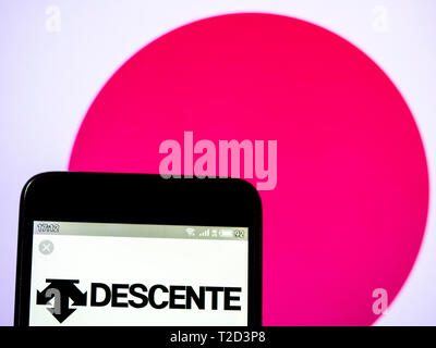 The logo of Descente Ltd. is seen in Shibuya Ward, Tokyo on September ...