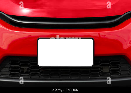 Horizontal shot of a blank white license plate on a red car with copy ...