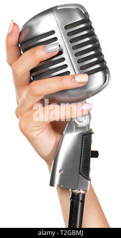 woman holding big retro microphone for singing Stock Photo - Alamy