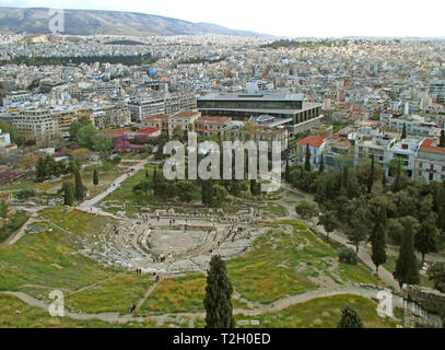 Aerial view of the ruins of the Acropolis and the skyline of Athens, on ...