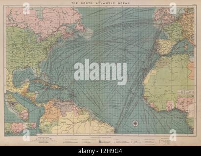 North Atlantic Ocean sea chart. Ports lighthouses mail routes. LARGE ...