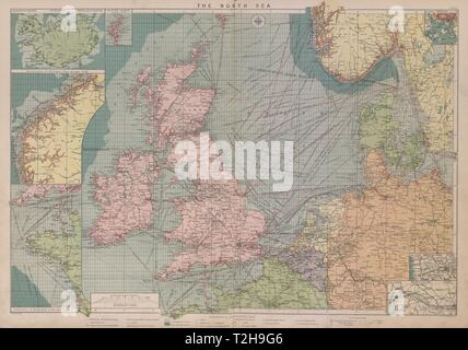 North Sea sea chart. Ports lighthouses mail routes. UK Norway &c LARGE ...