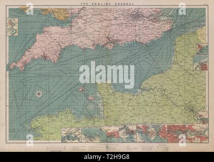 English Channel sea chart. Ports lighthouses mail routes. LARGE c1914 ...
