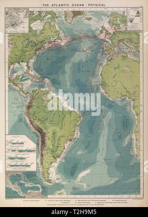 Atlantic Ocean. Cables Wireless Stations Land visibility Shipping lines ...