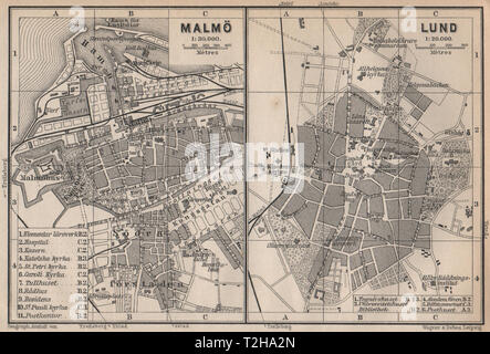 MALMO & LUND Malmö antique town city stadsplans. Sweden karta, 1912 old ...