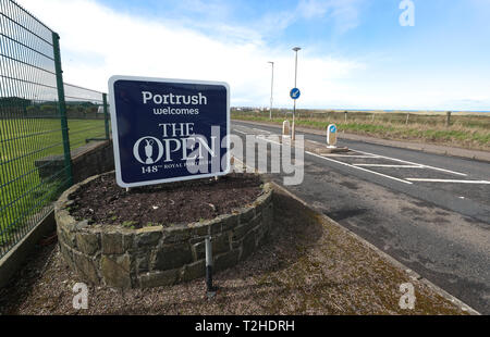 A sign reading 'Portrush welcomes The Open' on a road next to Royal ...