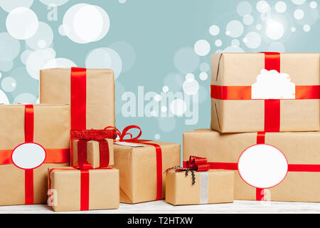 pile of gifts on the old table Stock Photo - Alamy