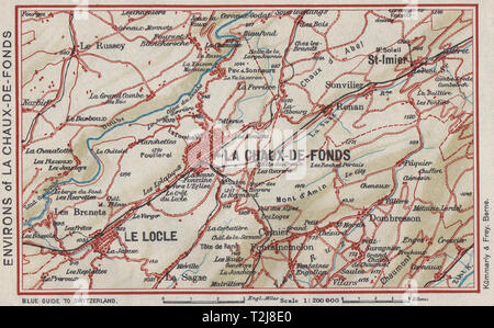 LA CHAUX-DE-FONDS ENVIRONS. Vintage map. Le Locle. St-Imier ...