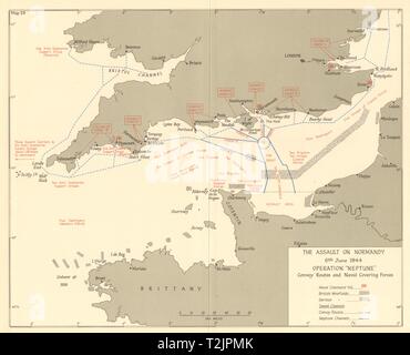 D-Day Operation Neptune June 1944. Convoy routes. Naval covering forces ...
