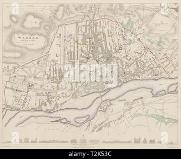 WARSAW WARSZAWA. Antique town city map plan. Building profiles.Colour ...