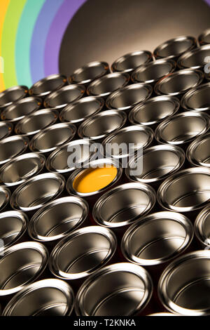 Metal tin paint cans background Stock Photo - Alamy