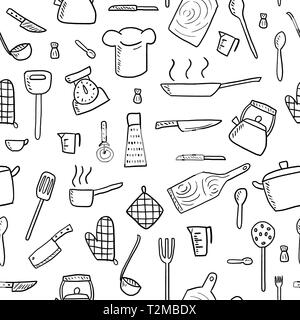 Kitchen Item Utensils. Sketchy, hand drawn kitchen utensils over an ...