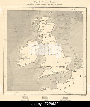 Cotidal lines of the British Isles. Sketch map 1886 old antique plan ...