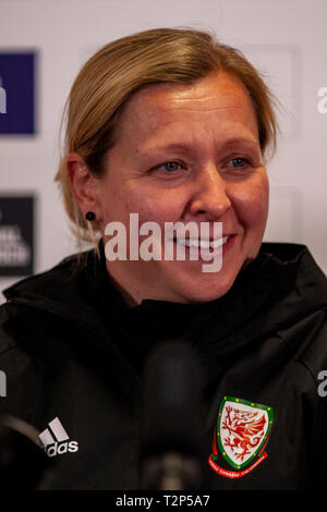 Jayne Ludlow of Wales Women faces the media at Rodney Parade ahead of ...