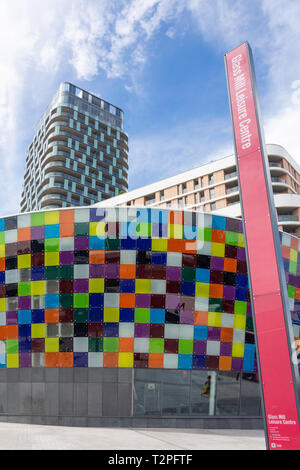 Glass Mill Leisure Centre with residential buildings behind in Lewisham ...